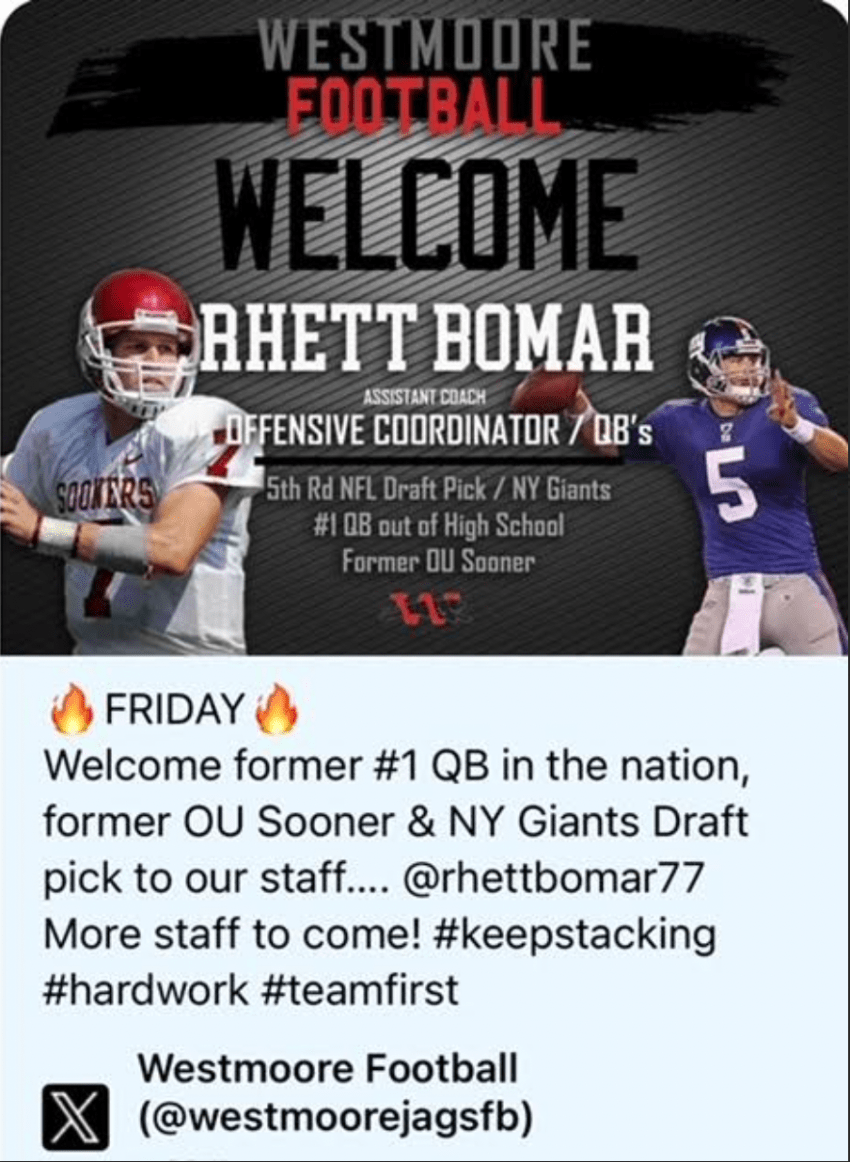Fresh off two new DUI arrests, Westmoore names Rhett Bomar its new ...