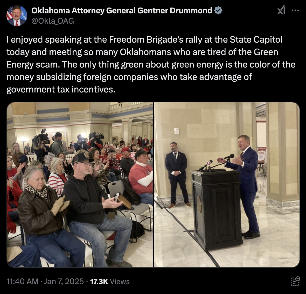 Gentner Drummond Protests Green Energy at State Capitol… Which Runs on ...